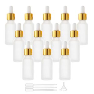 12 pack set glass dropper bottles with golden caps frosted glass vials essential oil sample bottles with glass eye dropper free dropper&funnel (15ml/0.5oz)