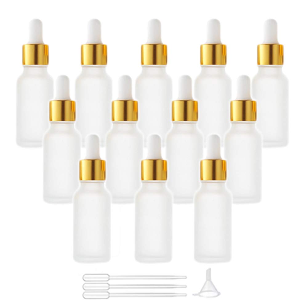 12 Pack Set Glass Dropper Bottles With Golden Caps Frosted Glass Vials Essential Oil Sample Bottles With Glass Eye Dropper Free Dropper&Funnel (15ml/0.5oz)