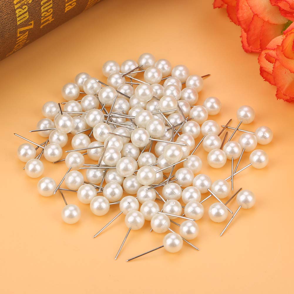 Oumefar 200PCS Pearl Push Pins, Decorative Thumb Tacks Round Short Pearl Head Pins Drawing Ball Map Pins Tack Push Sewing Box for Straight Pins for Crafting DIY Wedding (Pearl Pins for Flower White)