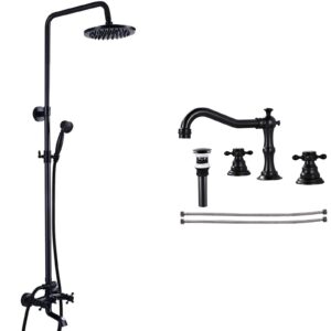 wall mounted oil rubbed bronze bathroom rainfall shower faucet system set mixer 8-inch round head with matte black victorian widespread deck mounted three holes double handles