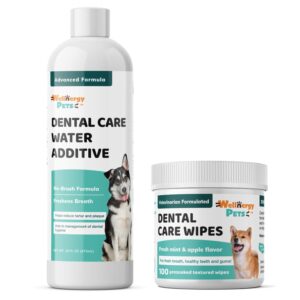 wellnergy pets dental care combo for dogs & cats - dental water additive 16 fl oz & dental wipes 100 pads - improves oral hygiene, no brush formula