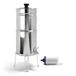 proone traveler+ stainless-steel gravity filter system, 2.25-gallon water capacity, countertop water dispenser for home & travel with one 5” filter & wire stand, independently tested proven to reduce