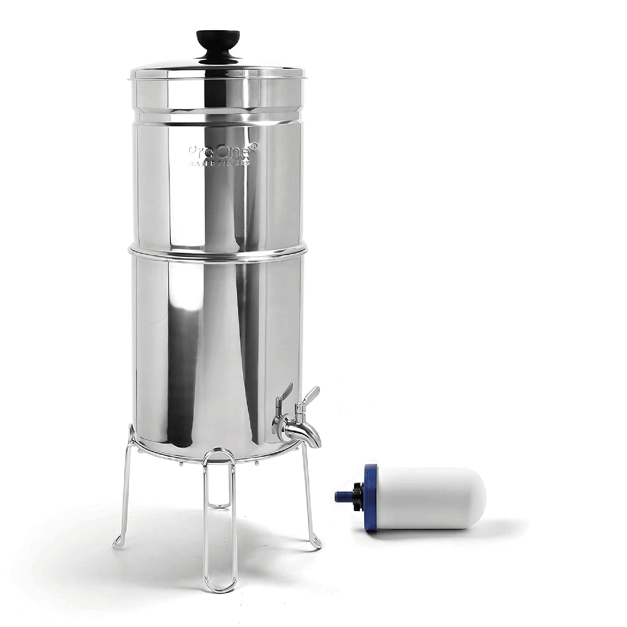 ProOne Traveler+ Stainless-Steel Gravity Filter System, 2.25-Gallon Water Capacity, Countertop Water Dispenser for Home & Travel with One 5” Filter & Wire Stand, Independently Tested Proven to Reduce