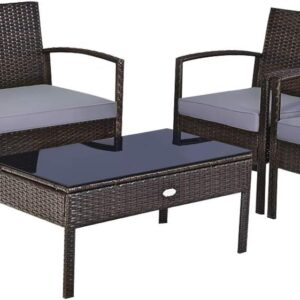 Moccha 4-Piece Patio Rattan Furniture Set, Outdoor Wicker Conversation w/ Padded Cushion & Coffee Table, Bistro Sofa Set w/ Tempered Glass Tabletop for Outdoor Indoor Patio Poolside Backyard, Brown