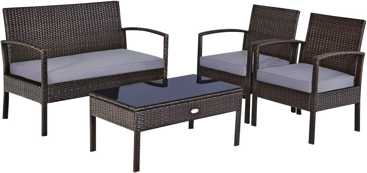 Moccha 4-Piece Patio Rattan Furniture Set, Outdoor Wicker Conversation w/ Padded Cushion & Coffee Table, Bistro Sofa Set w/ Tempered Glass Tabletop for Outdoor Indoor Patio Poolside Backyard, Brown