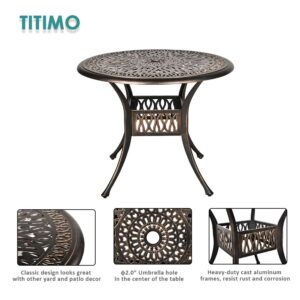 TITIMO 3 Piece Patio Dining Set, All-Weather Outdoor Cast Aluminum Patio Furniture Conversation Set Includes Round Table and Chairs with Cushions and Umbrella Hole for Patio Garden Deck (Khaki)