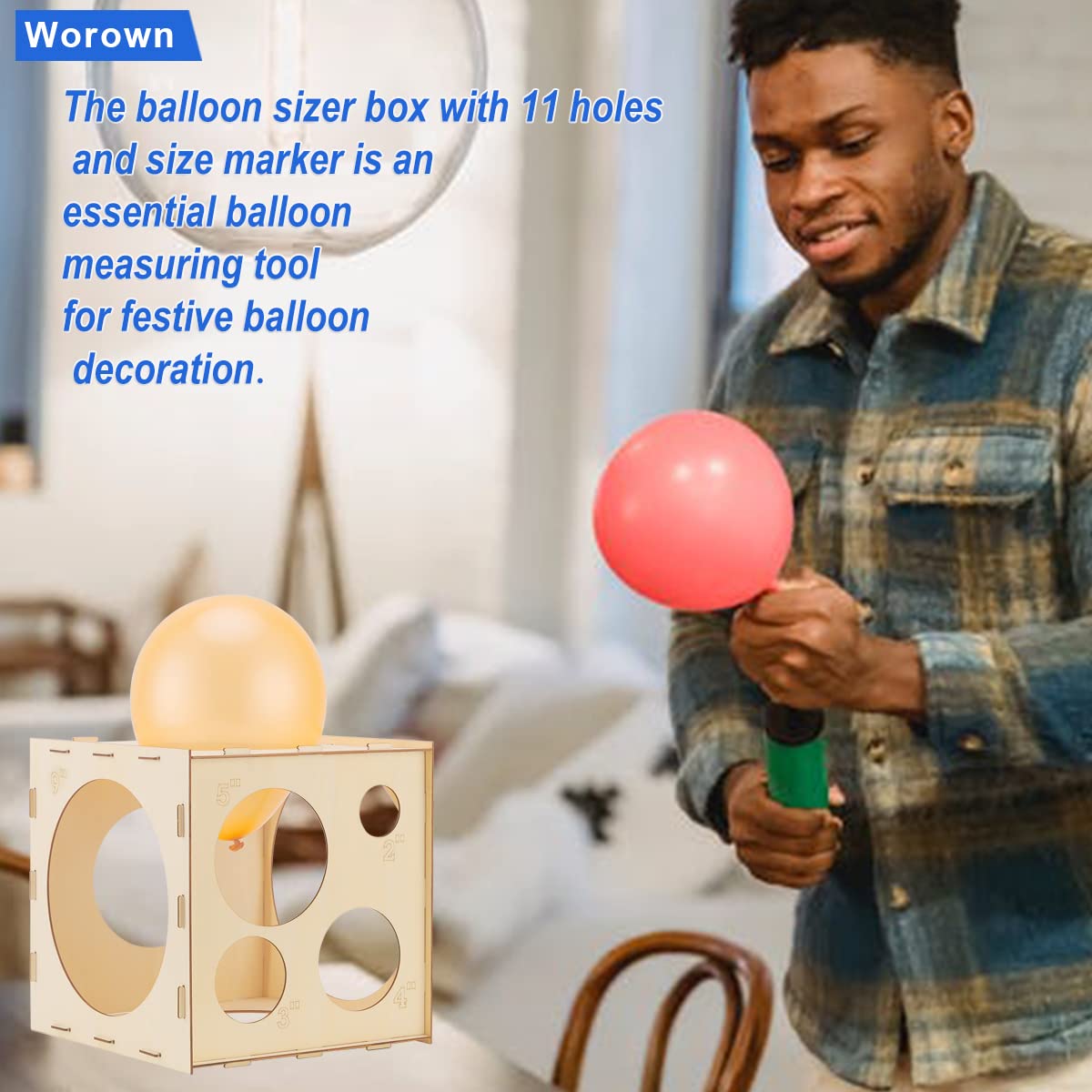 Worown 11 Holes Collapsible Wood Balloon Sizer Box Cube, Balloon Size Measurement Tool for Balloon Decorations, Balloon Arches, Balloon Columns (2-10 Inch)