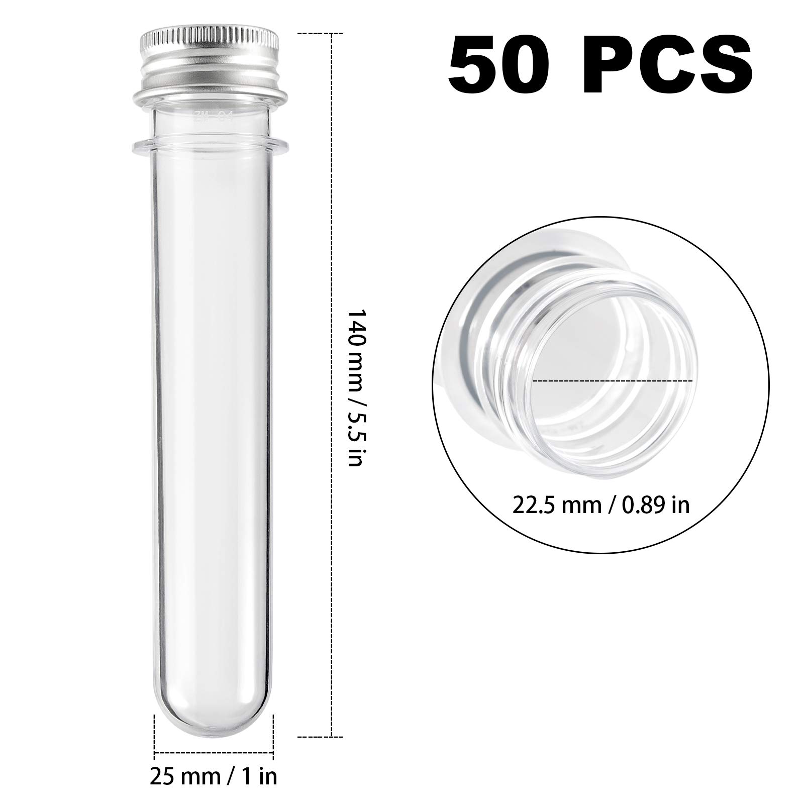 HOZEON 50 PCS 5.5 x 1 inch Clear Plastic Test Tubes with Caps, 40 ml Test Tubes with 50 PCS Sealing Protection Sheets for Plants, Scientific Experiments Candy Storage, Powders, Spices, 140 x 25 mm