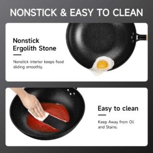 KYTD Non-Stick Wok with Steamer Basket,12 Inches Stir Fry Pans with Lid, Wok Pan Flat Bottom Multifunctional Cookware Chinese Wok for Induction, Gas, Halogen