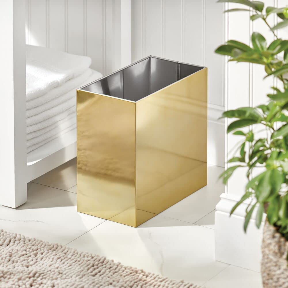 mDesign Small Steel Rectangular 2.4 Gallon/9.1 Liter Trash Can, Waste Basket for Bathroom, Bedroom, Home Office - Holds Garbage, Recycling, Household Items - Linn Collection - Soft Brass