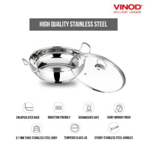 Vinod Stainless Steel Kadhai with Glass lid - Induction Friendly (18 cm/ 7 inch) – 1.5 Liters(1.7 Quarts) – 6 Cups - Small Size - Multi-Use Pot – Suitable For Indian Cooking, Sauce, Deep Fry, Stew