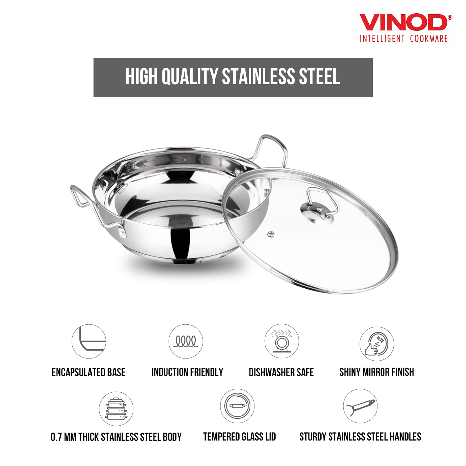 Vinod Stainless Steel Kadhai with Glass lid - Induction Friendly (18 cm/ 7 inch) – 1.5 Liters(1.7 Quarts) – 6 Cups - Small Size - Multi-Use Pot – Suitable For Indian Cooking, Sauce, Deep Fry, Stew