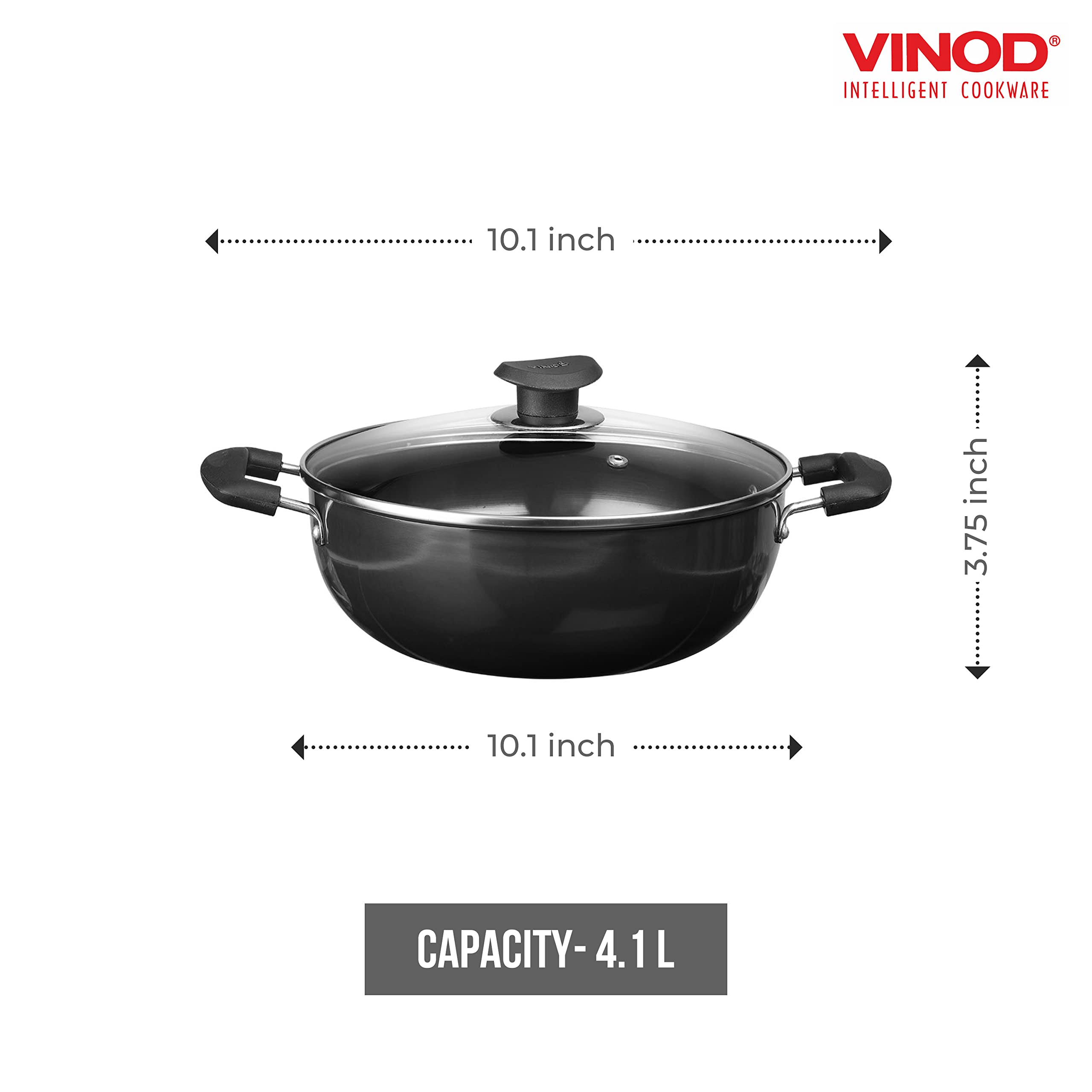 Vinod Cookware Deep Kadhai with Glass Lid – Hard Anodized Pot – 4.1 Liters (4.3 Quarts) – 26 cm/10.25 inch – Multi-Use Wok – Suitable For Indian Cooking, Sauces, Pasta, Soup –Round Bottom