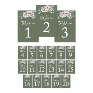 andaz press sage green with cream floral blossoms wedding table numbers 1-20, 4x6-inches table number cards for wedding reception table number for seating chart for wedding reception, boda