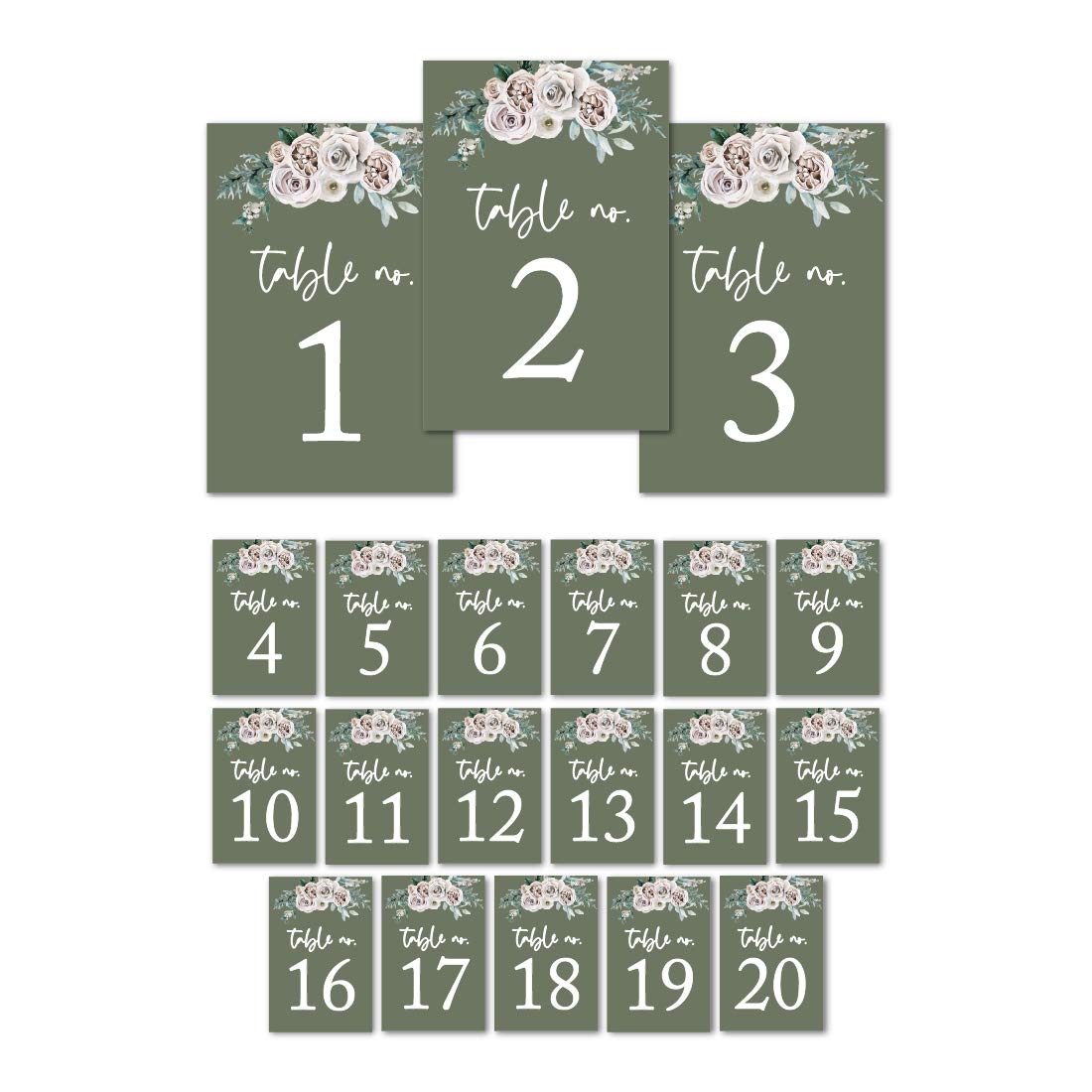 Andaz Press Sage Green with Cream Floral Blossoms Wedding Table Numbers 1-20, 4x6-Inches Table Number Cards For Wedding Reception Table Number For Seating Chart For Wedding Reception, Boda