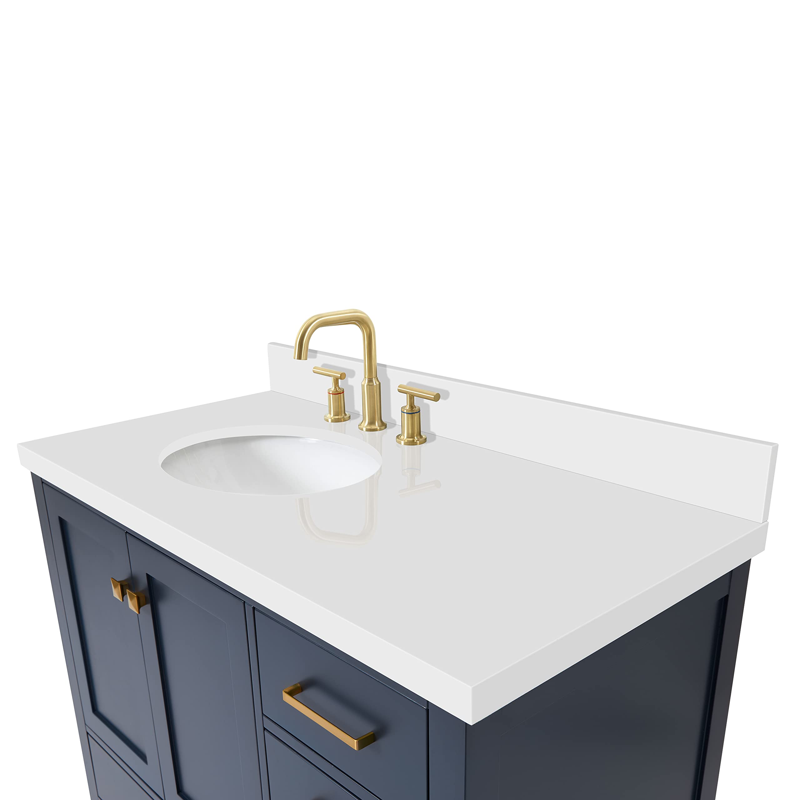 ARIEL 43" Midnight Blue Bathroom Vanity with 1.5" Edge Pure White Quartz Countertop & Backsplash, Left Oval Sink, 2 Soft Closing Doors, 5 Full Extension Dovetail Drawers, Satin Nickel