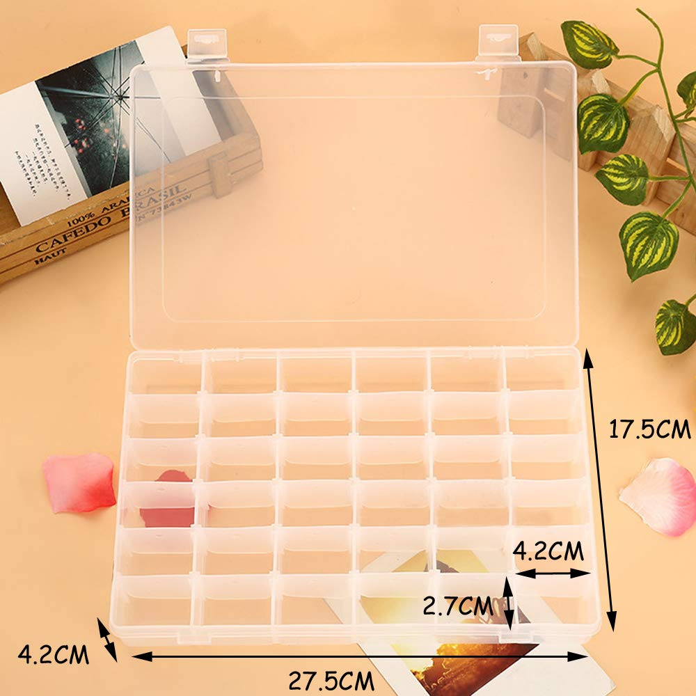 LE PAON 36 Grids Clear Plastic Organizer Box Storage Container Jewelry Box with Adjustable Dividers for Beads Art DIY Crafts Jewelry Fishing Tackles with 12 Floss bobbins