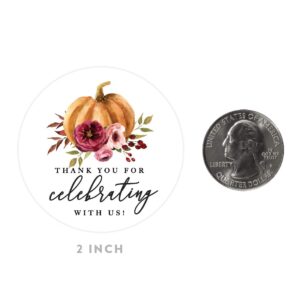 Andaz Press Fall Burgundy Marsala Baby Shower, Round Circle Label Stickers, Thank You For Celebrating With Us, Marsala Pumpkin Floral 40-Pack Fall Thank You Stickers Fall Baby Shower Favors For Guests