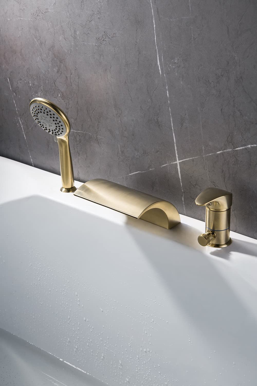 Brushed Gold tub faucet with sprayer Holes with Waterfall Tub Spout Filler with Handheld Shower High Flow