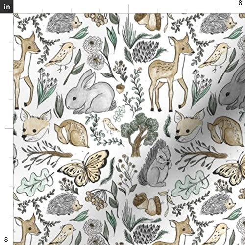 Spoonflower Fabric - Woodland Lullaby White Deer Hedgehog Butterfly Nursery Soft Printed on Petal Signature Cotton Fabric Fat Quarter - Sewing Quilting Apparel Crafts Decor