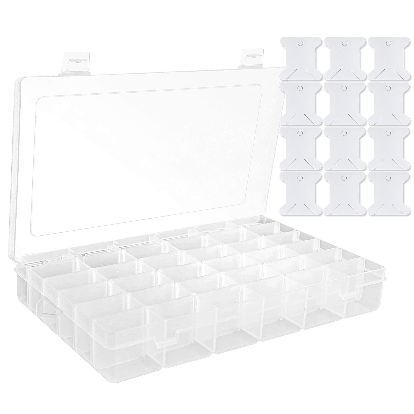 LE PAON 36 Grids Clear Plastic Organizer Box Storage Container Jewelry Box with Adjustable Dividers for Beads Art DIY Crafts Jewelry Fishing Tackles with 12 Floss bobbins