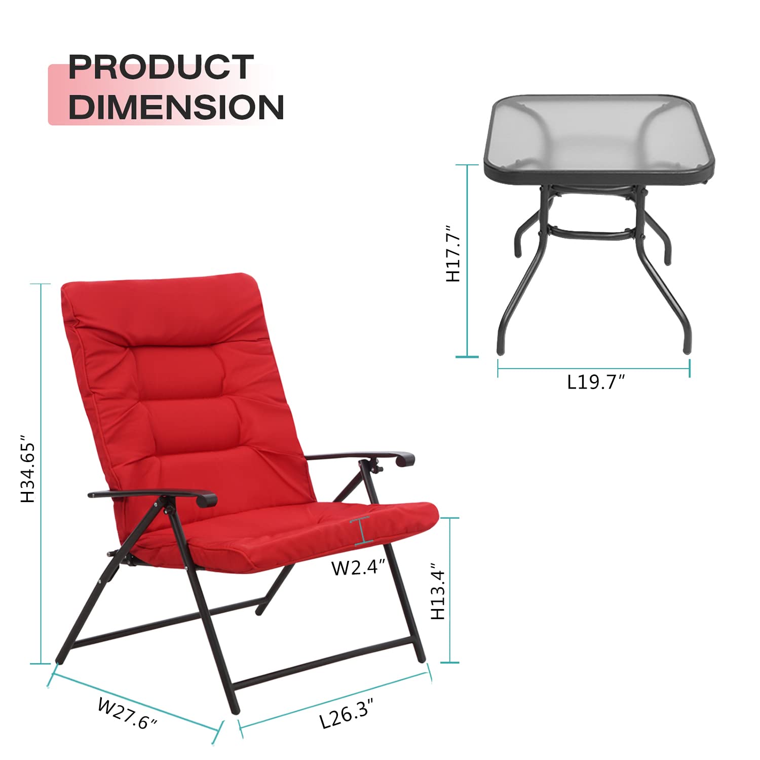 Omelaza 3 Pieces Patio Padded Folding Chair, Outdoor Adjustable Reclining Lounge Chairs with Tempered Glass Table (Red)