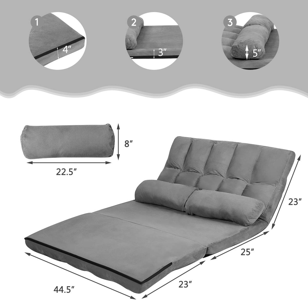 S AFSTAR Safstar Floor Folding Couch and Futon Sofa, 6-Position Fabric Sleeper Sofa Bed with 2 Pillows and Sponge Filling, Adjustable Lazy Sofa for Living Room and Bedroom(Gray)