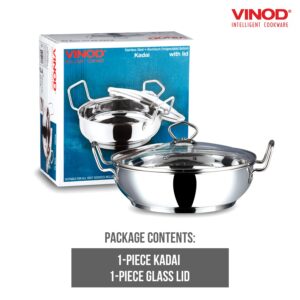 Vinod Stainless Steel Kadhai with Glass lid - Induction Friendly (18 cm/ 7 inch) – 1.5 Liters(1.7 Quarts) – 6 Cups - Small Size - Multi-Use Pot – Suitable For Indian Cooking, Sauce, Deep Fry, Stew