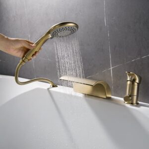 Brushed Gold tub faucet with sprayer Holes with Waterfall Tub Spout Filler with Handheld Shower High Flow