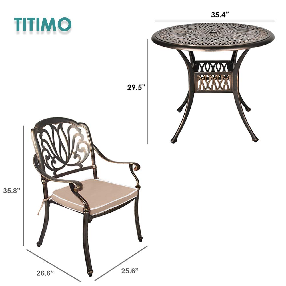 TITIMO 3 Piece Patio Dining Set, All-Weather Outdoor Cast Aluminum Patio Furniture Conversation Set Includes Round Table and Chairs with Cushions and Umbrella Hole for Patio Garden Deck (Khaki)