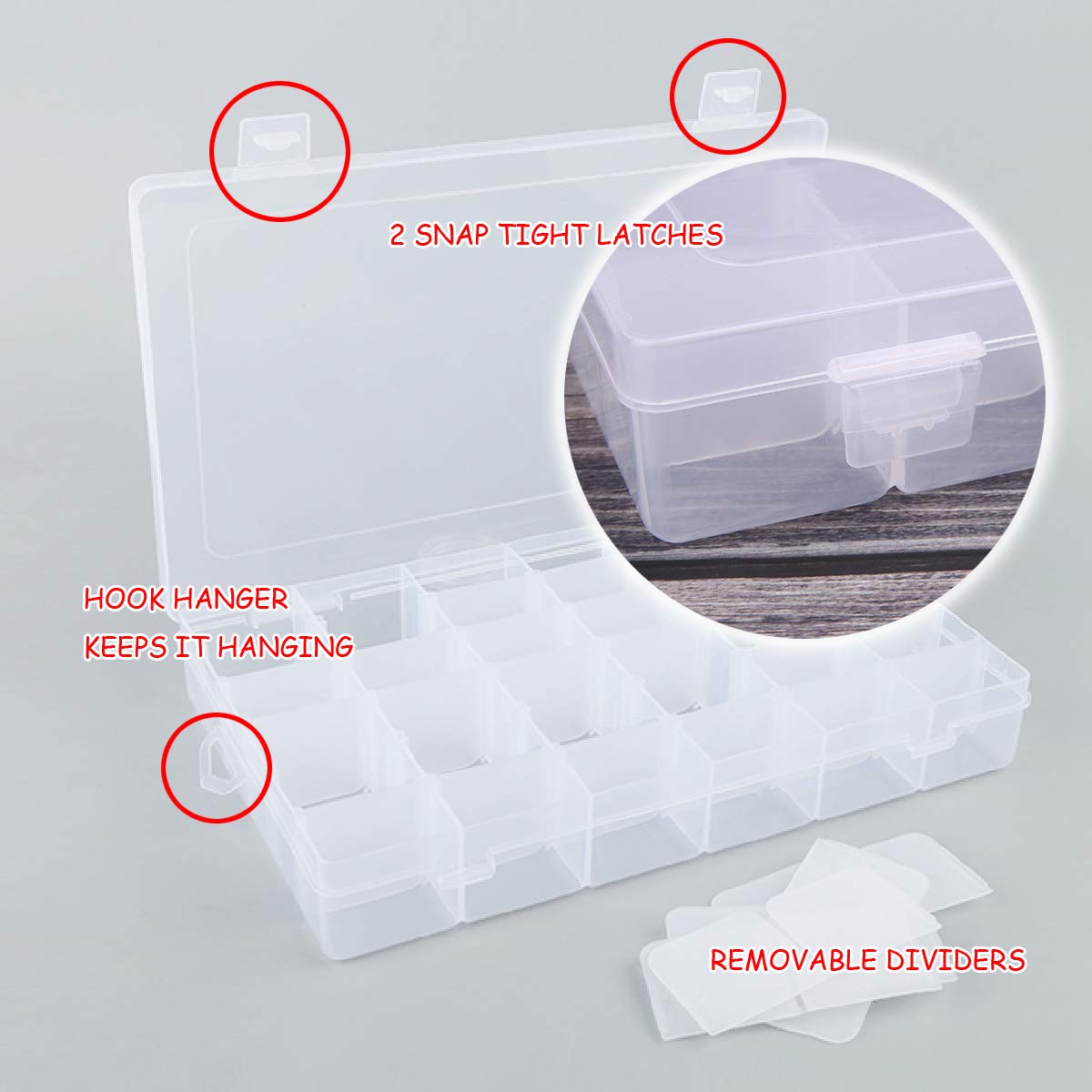 LE PAON 36 Grids Clear Plastic Organizer Box Storage Container Jewelry Box with Adjustable Dividers for Beads Art DIY Crafts Jewelry Fishing Tackles with 12 Floss bobbins