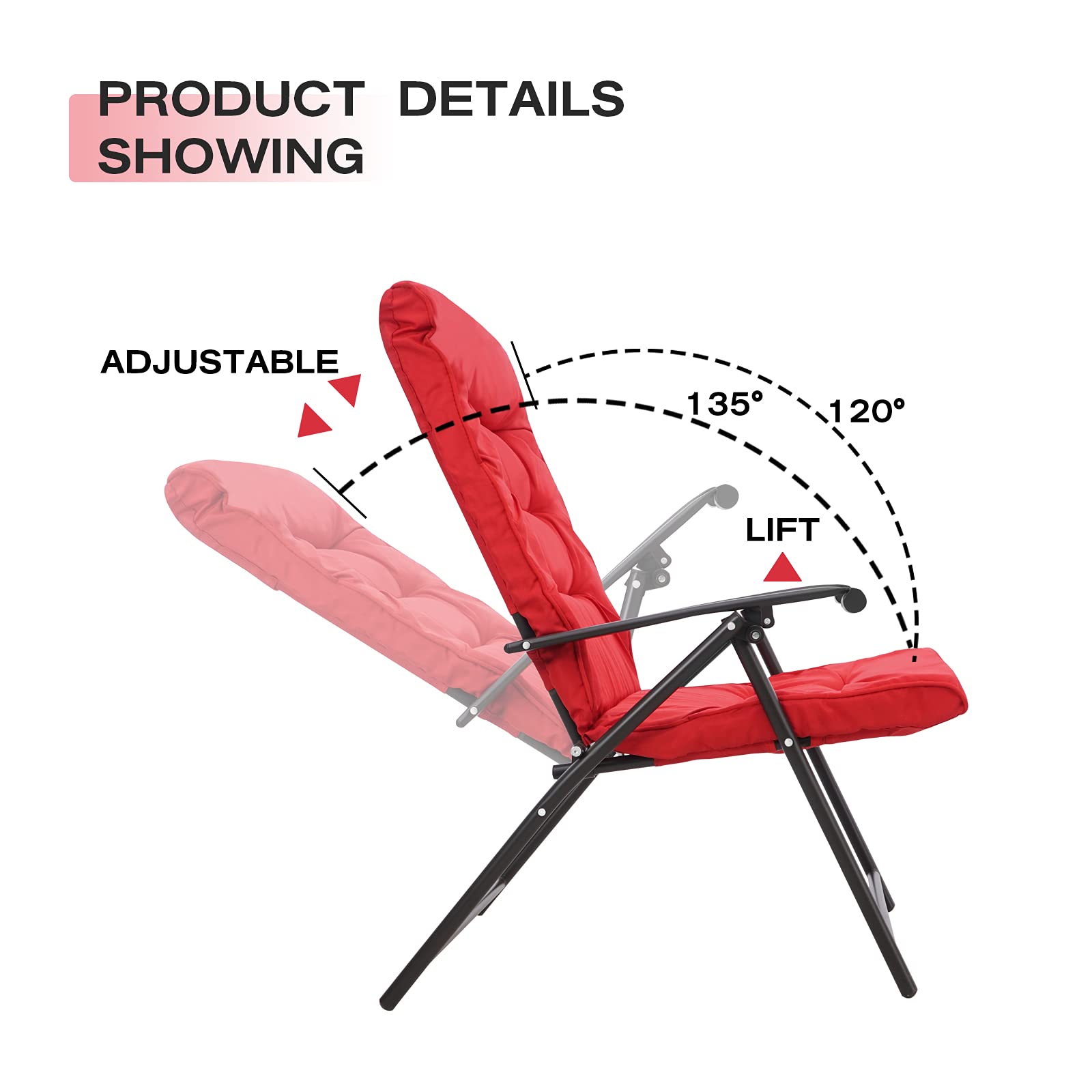 Omelaza 3 Pieces Patio Padded Folding Chair, Outdoor Adjustable Reclining Lounge Chairs with Tempered Glass Table (Red)