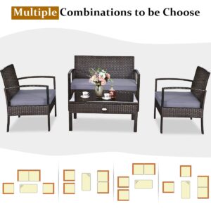 Moccha 4-Piece Patio Rattan Furniture Set, Outdoor Wicker Conversation w/ Padded Cushion & Coffee Table, Bistro Sofa Set w/ Tempered Glass Tabletop for Outdoor Indoor Patio Poolside Backyard, Brown