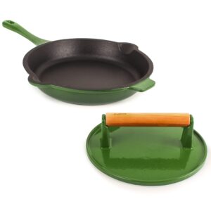 berghoff 2pc neo enameled cast iron cookware set, fry pan 10 inches, steak press, oven safe up to 400°f, green