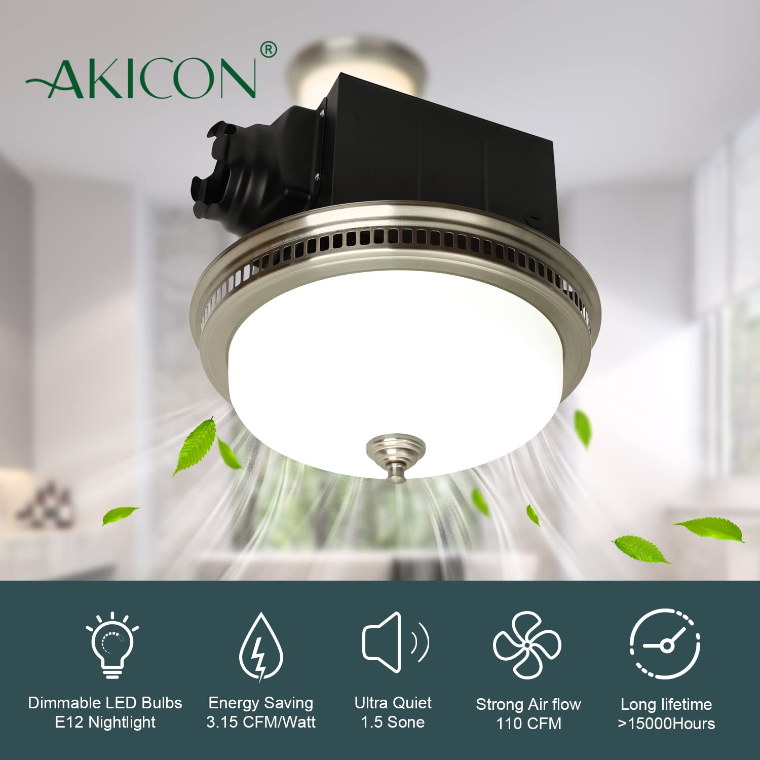 Akicon Bathroom Exhaust Fan with Light, Ultra Quiet 110 CFM 1.5 Sones Ventilation Exhaust Bathroom Fan Light Combo and Nightlight, 3 Years Warranty (Brushed Nickel)