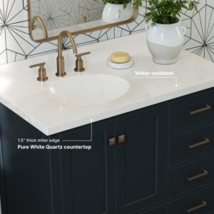 ARIEL 43" Midnight Blue Bathroom Vanity with 1.5" Edge Pure White Quartz Countertop & Backsplash, Left Oval Sink, 2 Soft Closing Doors, 5 Full Extension Dovetail Drawers, Satin Nickel