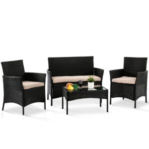 dkeli 4 pieces outdoor patio furniture wicker bistro sets with thickened cushions & table modern rattan chair conversation sets for backyard porch poolside lawn garden, black