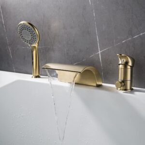 Brushed Gold tub faucet with sprayer Holes with Waterfall Tub Spout Filler with Handheld Shower High Flow