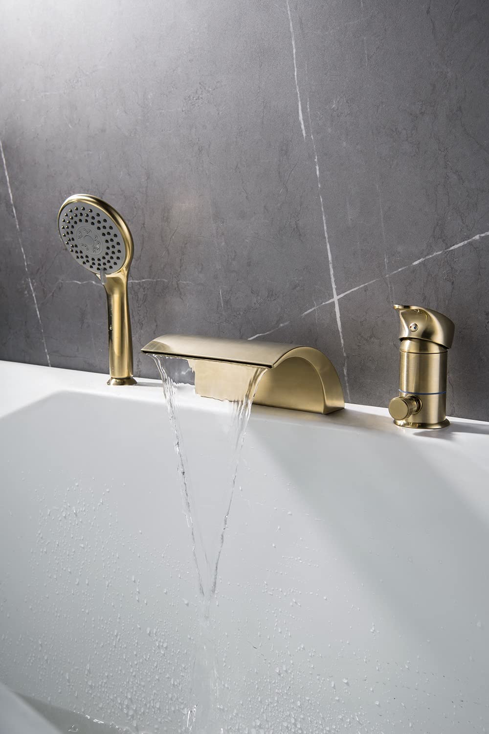 Brushed Gold tub faucet with sprayer Holes with Waterfall Tub Spout Filler with Handheld Shower High Flow