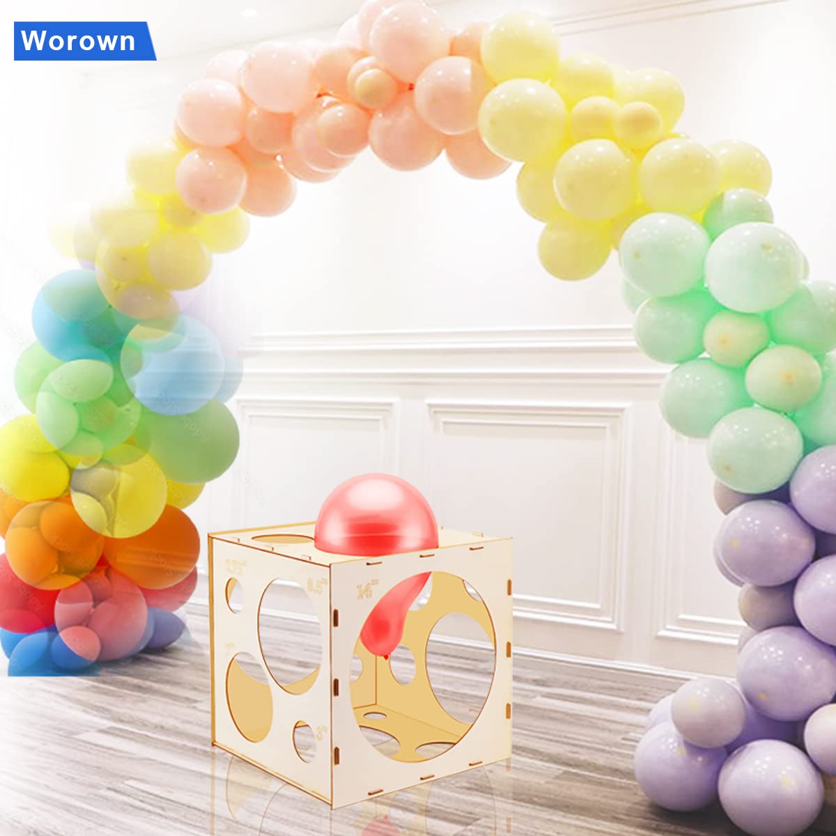 Worown 11 Holes Collapsible Wood Balloon Sizer Box Cube, Balloon Size Measurement Tool for Balloon Decorations, Balloon Arches, Balloon Columns (2-10 Inch)