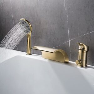 Brushed Gold tub faucet with sprayer Holes with Waterfall Tub Spout Filler with Handheld Shower High Flow