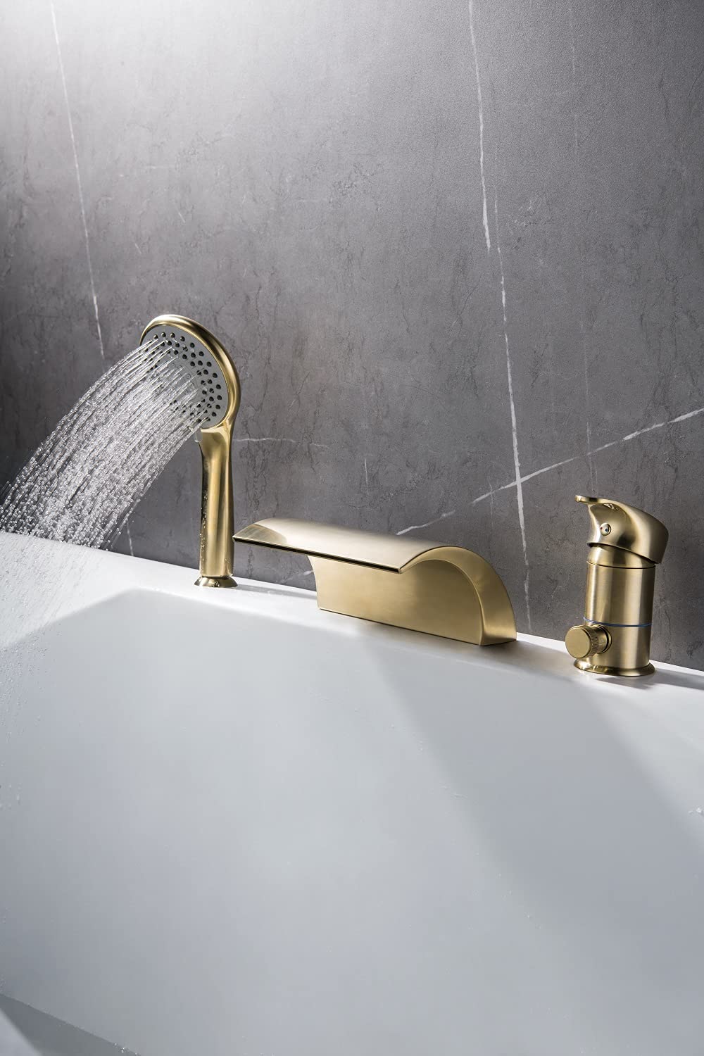 Brushed Gold tub faucet with sprayer Holes with Waterfall Tub Spout Filler with Handheld Shower High Flow