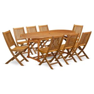 east west furniture bsdk9cwna 9 piece patio garden table set includes an oval outdoor acacia wood dining table and 8 folding side chairs, 36x79 inch, natural oil