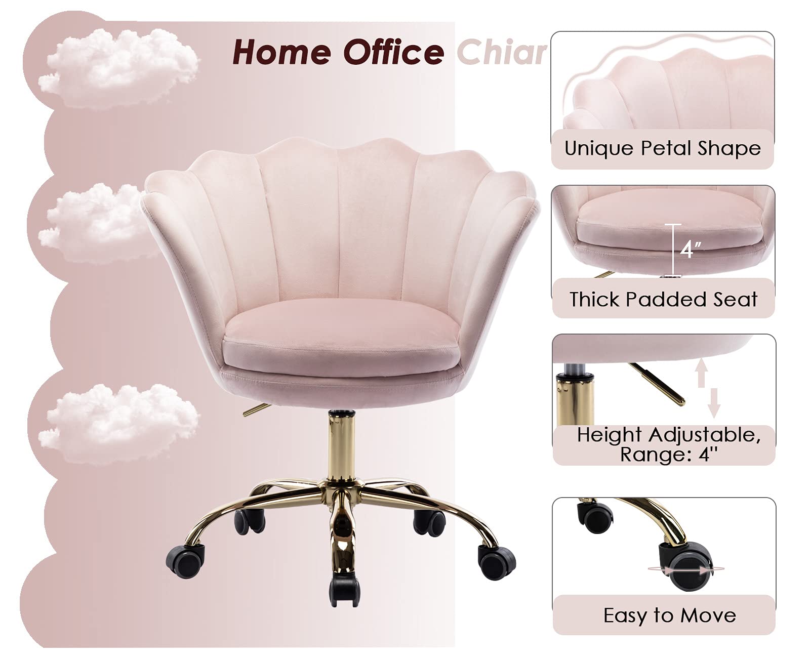 CIMOTA Desk Chair Velvet Task Chair Home Office Chair Adjustable Swivel Rolling Vanity Chair with Wheels for Adults Teens Bedroom Study Room, Light Pink