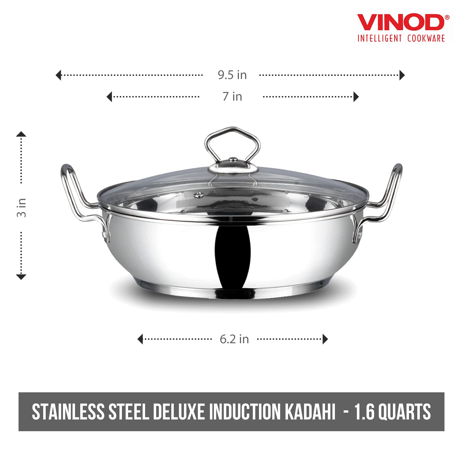 Vinod Stainless Steel Kadhai with Glass lid - Induction Friendly (18 cm/ 7 inch) – 1.5 Liters(1.7 Quarts) – 6 Cups - Small Size - Multi-Use Pot – Suitable For Indian Cooking, Sauce, Deep Fry, Stew