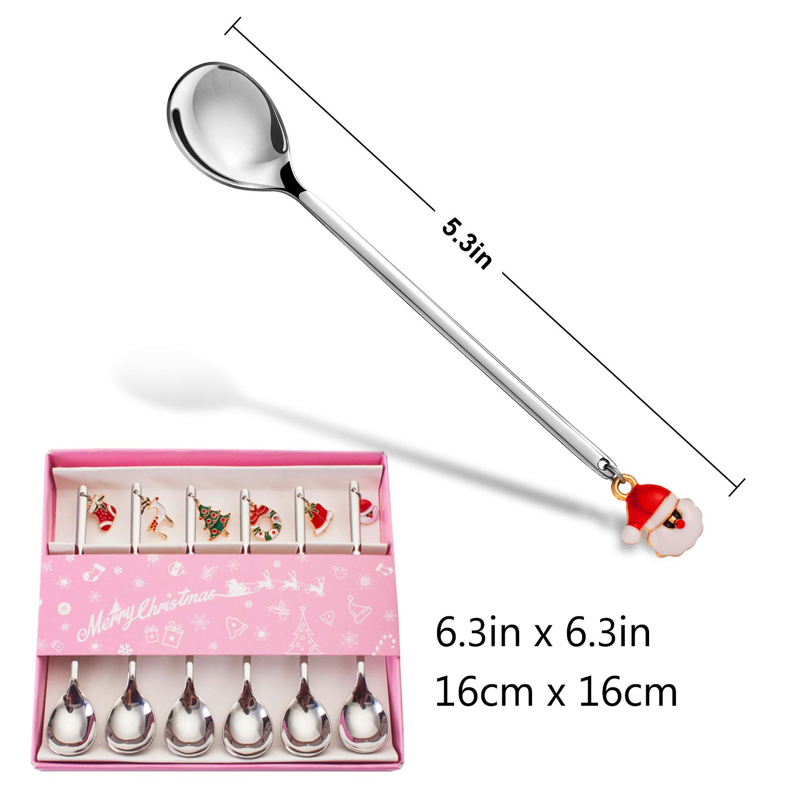 Whaline Christmas Spoon Stainless Steel Stirring Spoon with Pedant Coffee Spoon Tea Spoon Dessert Spoon Mixing Spoon Soup Spoon Xmas Spoon Package for Party Table Decorations (6 Pack)