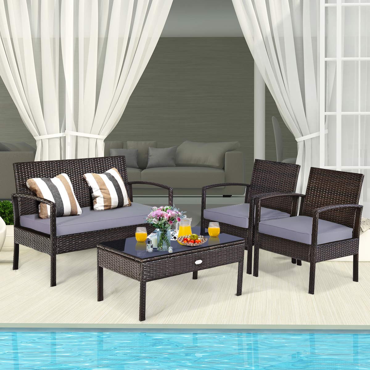 Moccha 4-Piece Patio Rattan Furniture Set, Outdoor Wicker Conversation w/ Padded Cushion & Coffee Table, Bistro Sofa Set w/ Tempered Glass Tabletop for Outdoor Indoor Patio Poolside Backyard, Brown