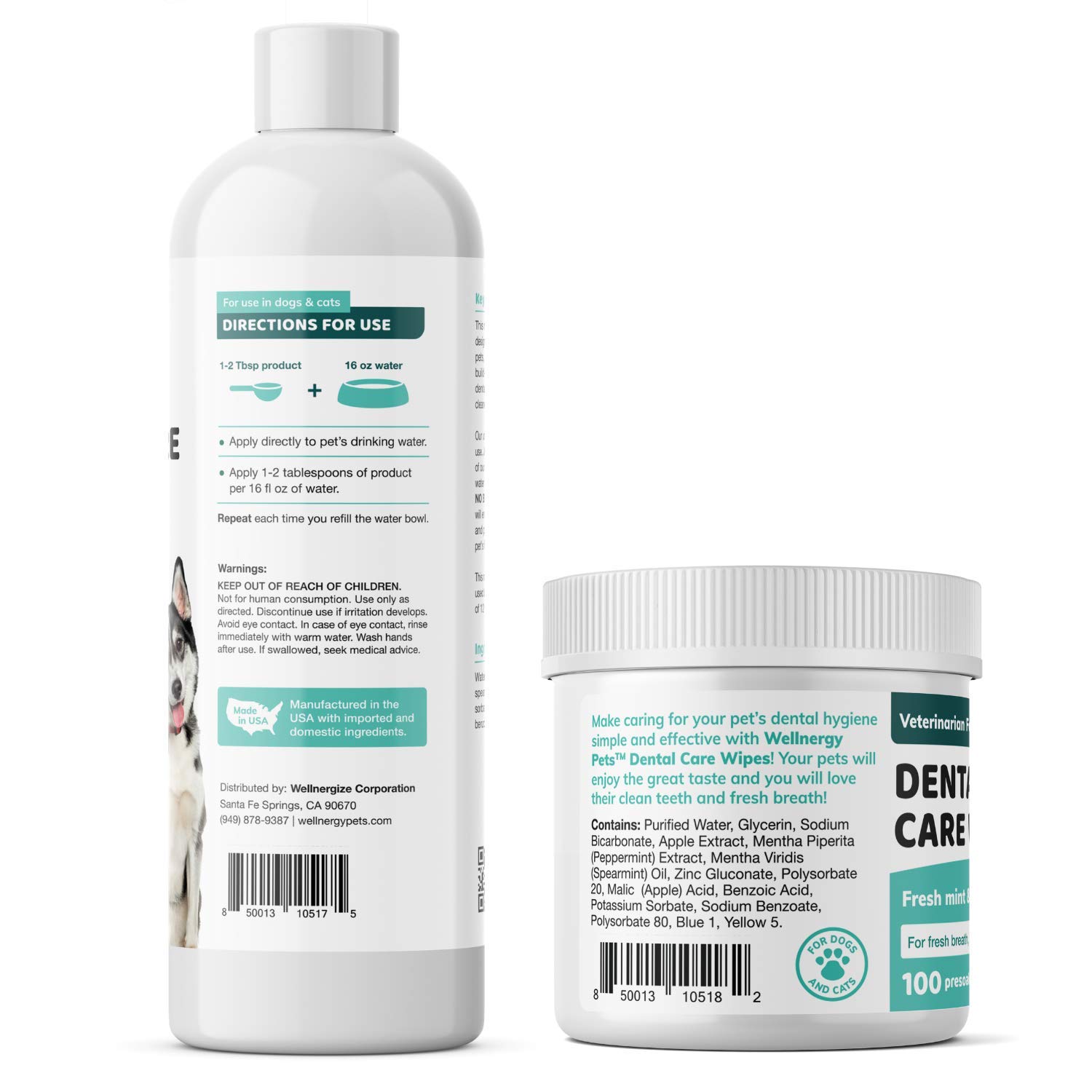 Wellnergy Pets Dental Care Combo for Dogs & Cats - Dental Water Additive 16 fl oz & Dental Wipes 100 Pads - Improves Oral Hygiene, No Brush Formula