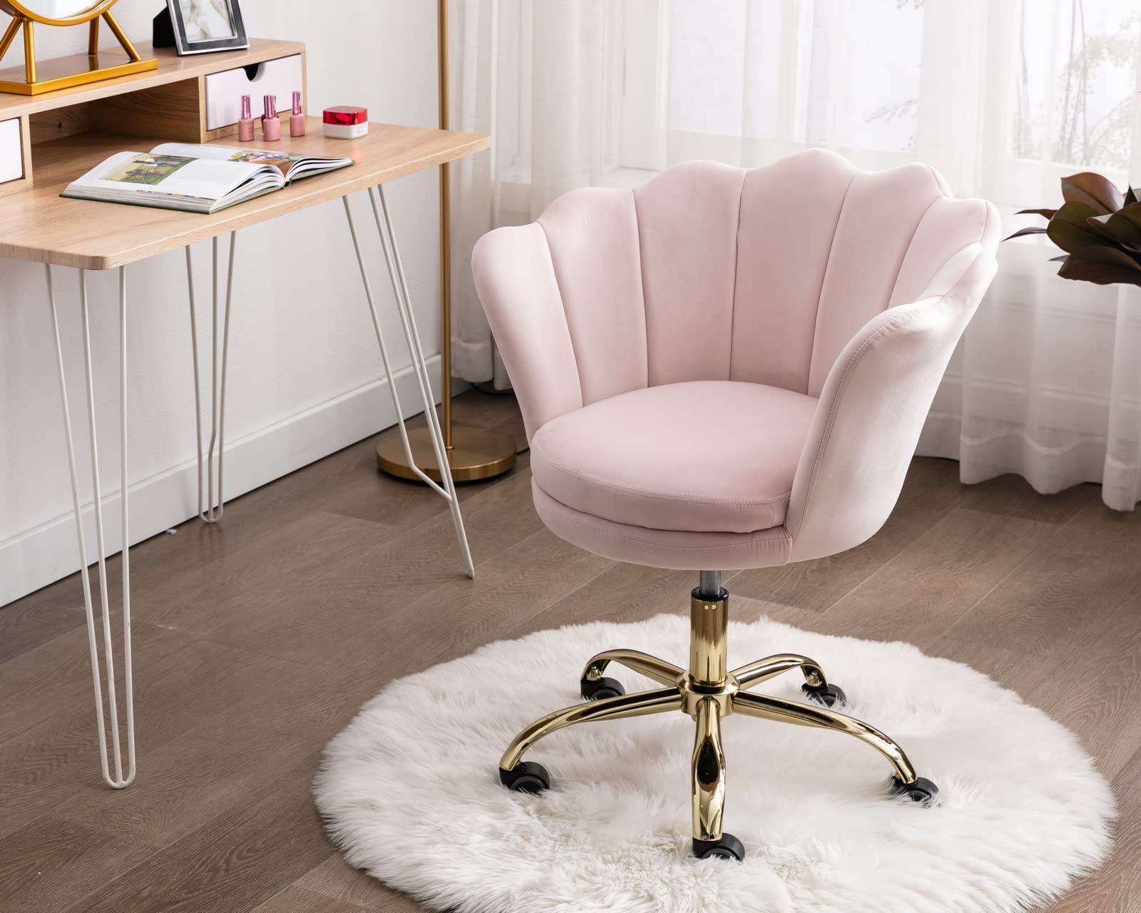 CIMOTA Desk Chair Velvet Task Chair Home Office Chair Adjustable Swivel Rolling Vanity Chair with Wheels for Adults Teens Bedroom Study Room, Light Pink