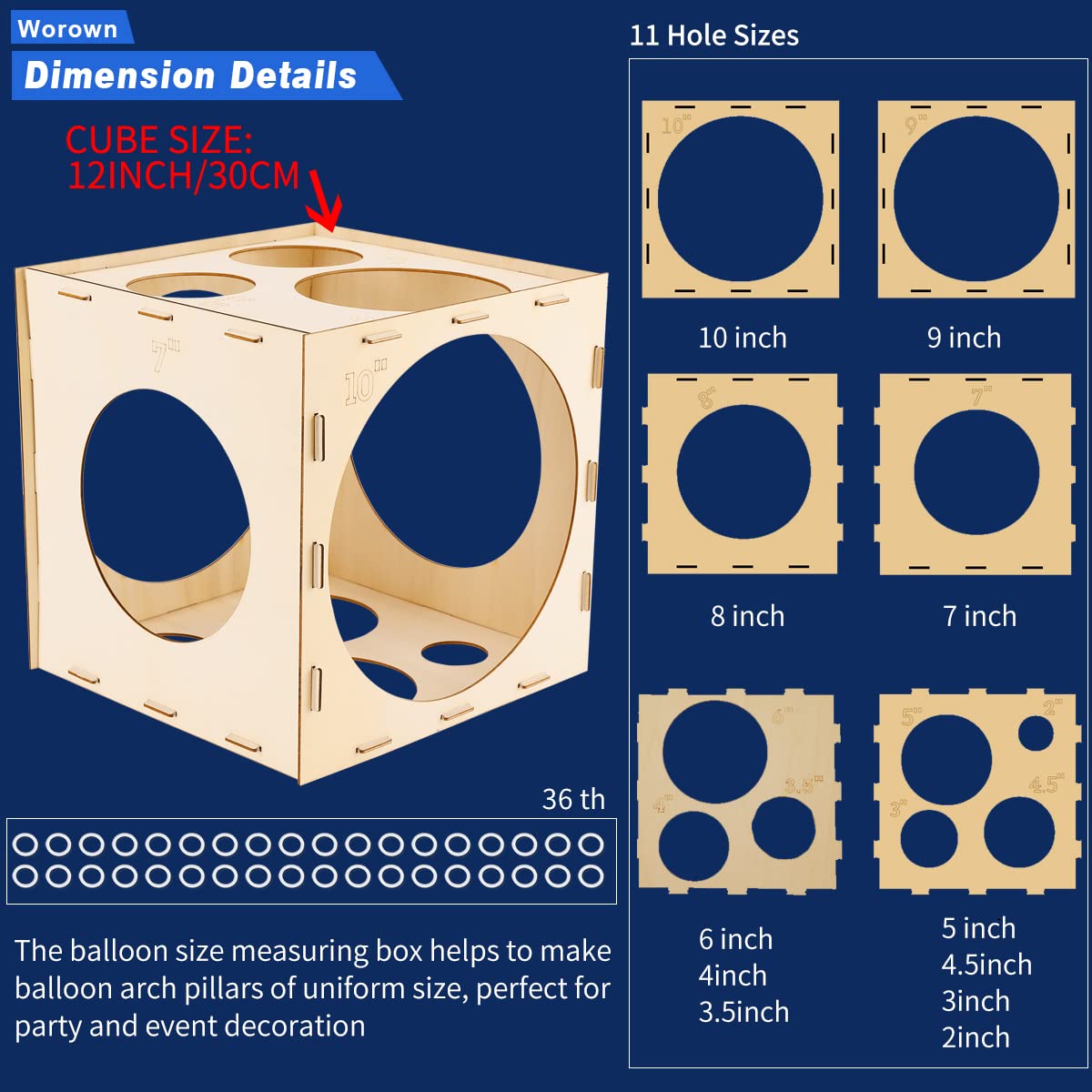 Worown 11 Holes Collapsible Wood Balloon Sizer Box Cube, Balloon Size Measurement Tool for Balloon Decorations, Balloon Arches, Balloon Columns (2-10 Inch)